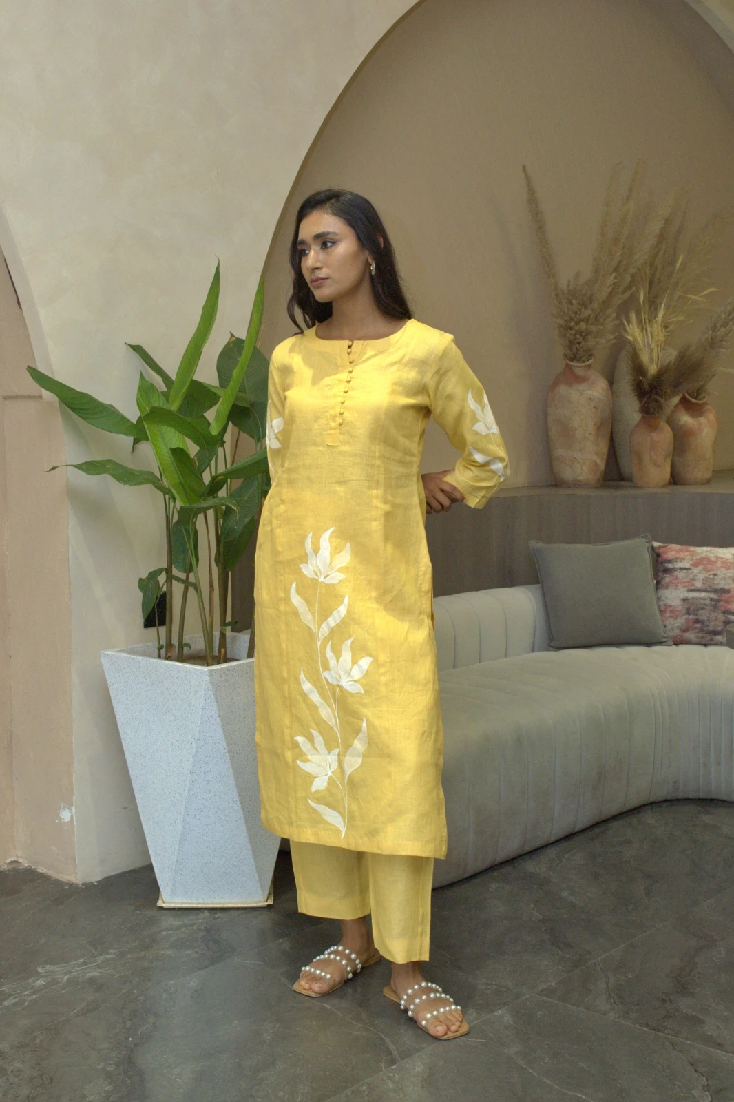 Buy Hand-Painted Iris Kurta Sets in Yellow for Women Online - Megh Studio