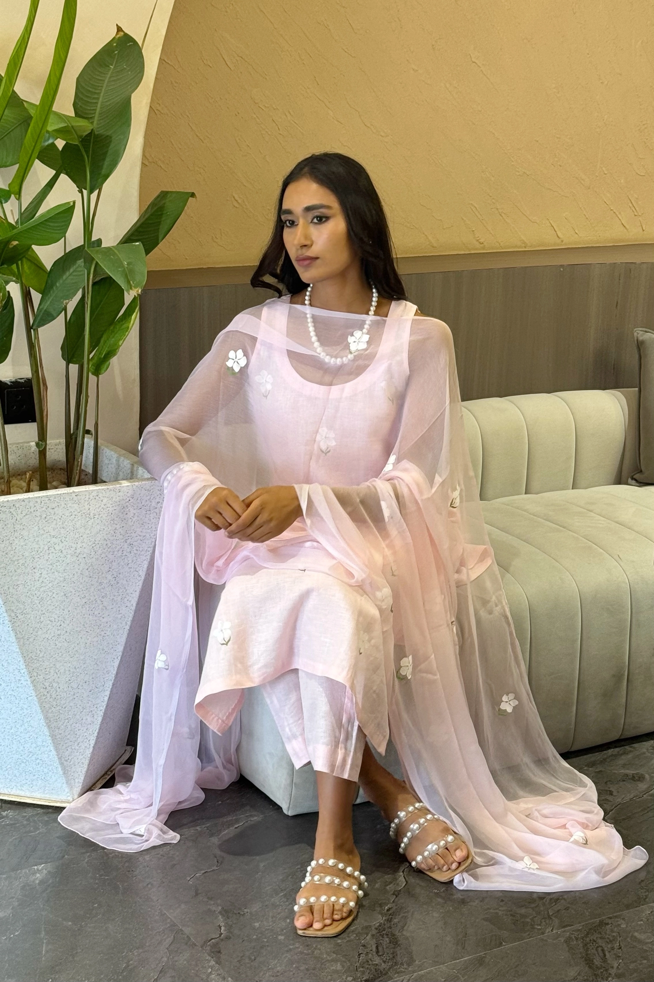 Buy Hand-Painted Flora Kurta Sets in Pink for Women Online - Megh Studio