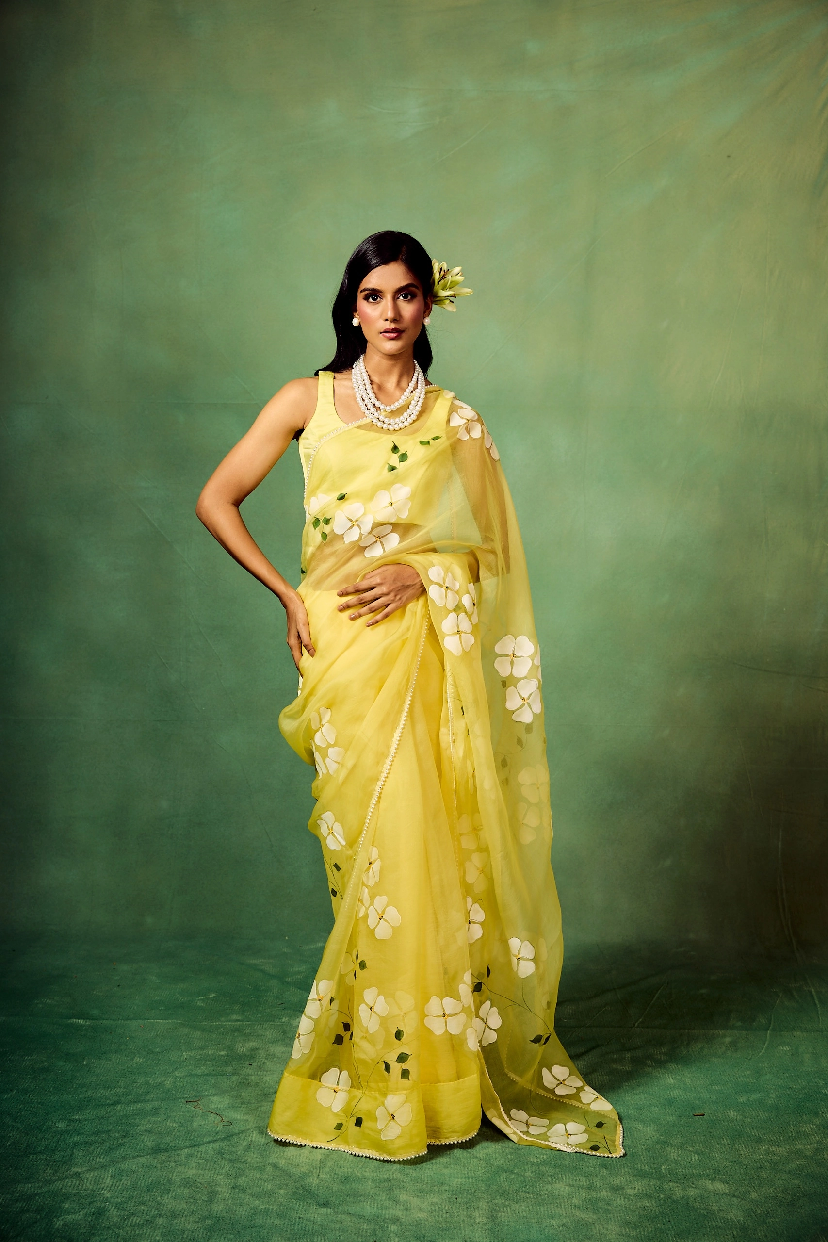 Buy Hand-Painted Dogwood Organza Sarees in Yellow for Women Online ...
